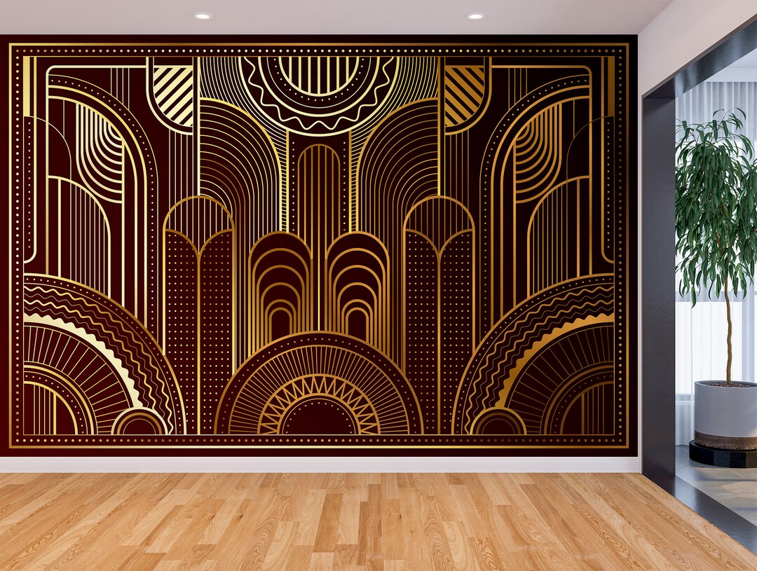 Geometric Modern Abstract Wallpaper Black & Gold Black Wall Mural Art ...