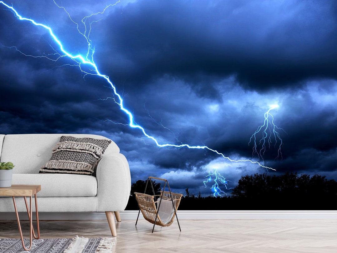 Lightning in a Dark Forest Wallpaper & Wall Mural Storm Nature ...
