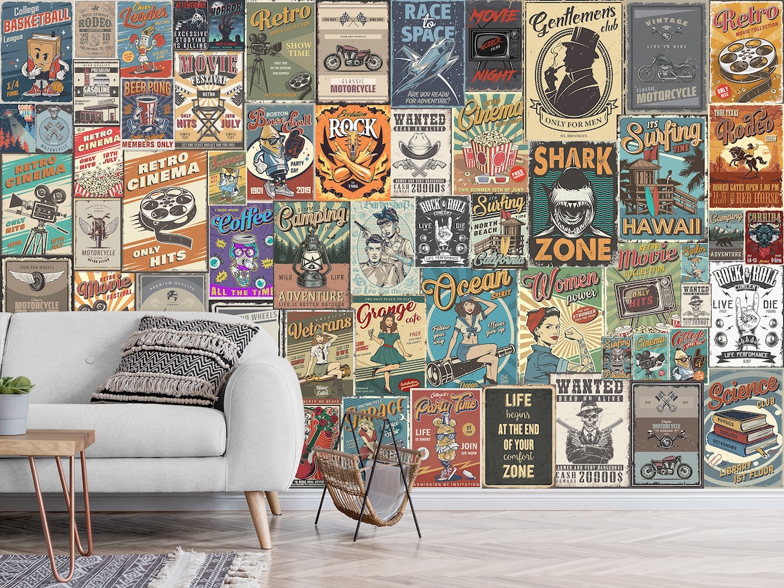 Retro Pop Art Original Poster Wallpaper Peel and Stick Vintage - Etsy