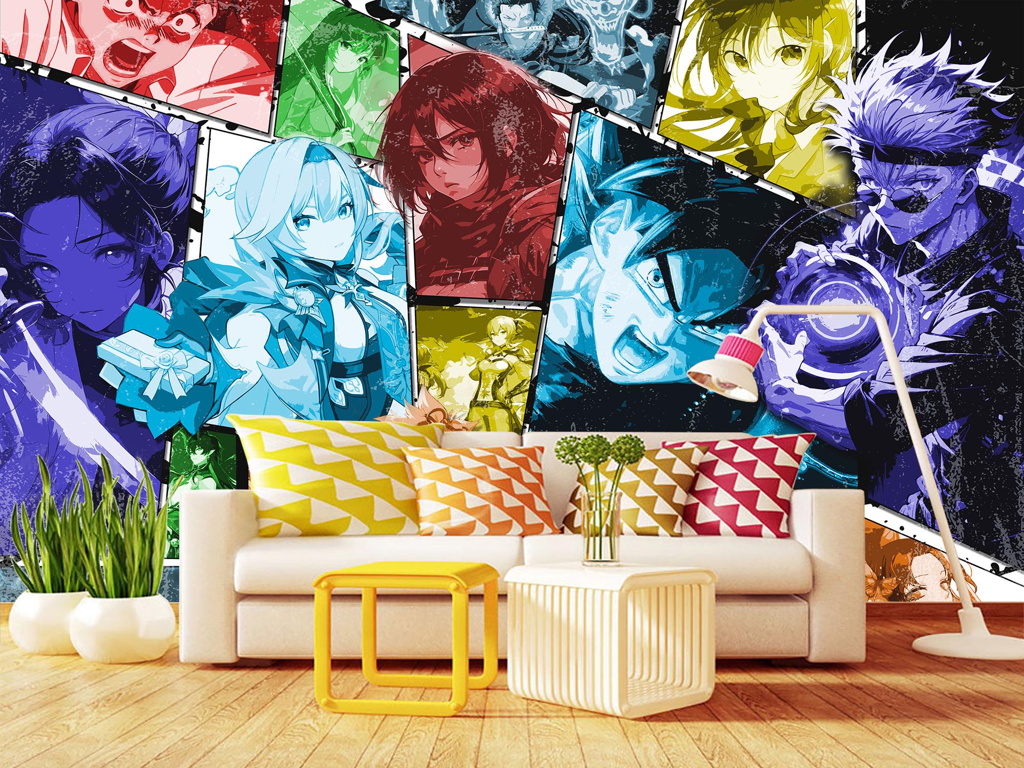 Colorful Anime Wallpaper & Wall Mural Playroom Anime Characters Collage ...
