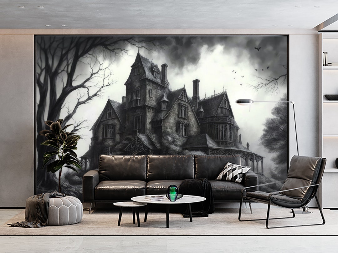 Dark Gothic House Wallpaper Wall Mural & Pencil Drawing Misty Woods ...