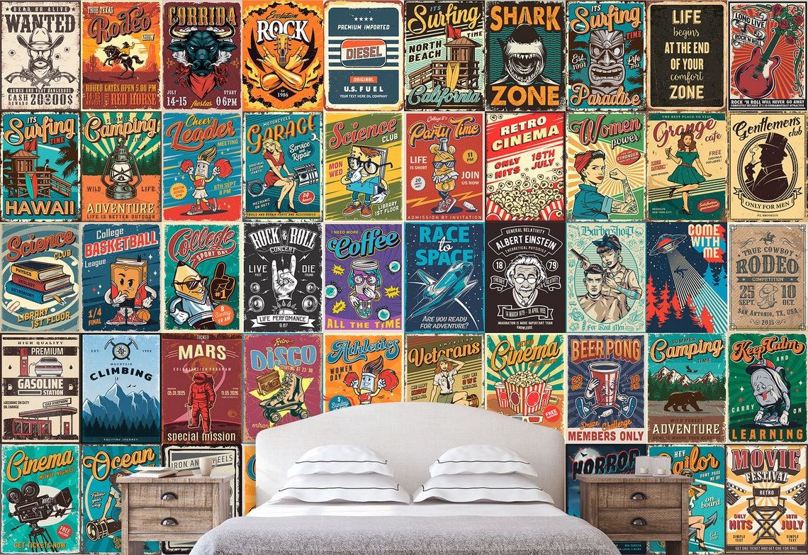 Pop Art Vintage Mural Retro Wallpaper Vintage Collage Wall - Etsy
