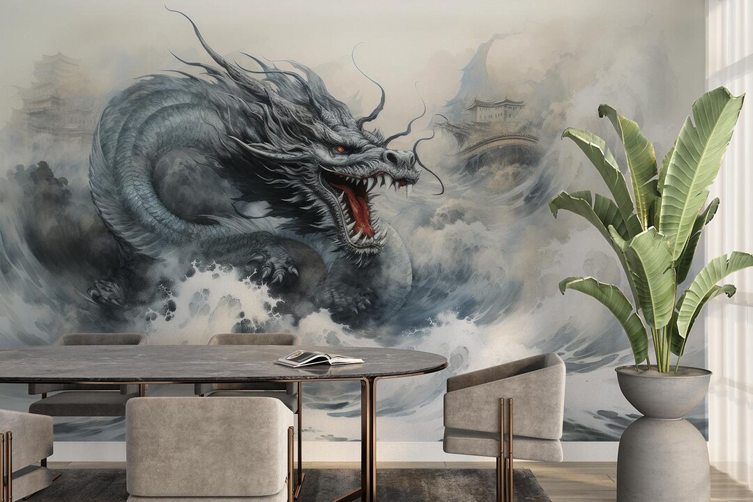 Japanese Dragon Wallpaper Mural Great Wave and Mythical Dragon Wall ...