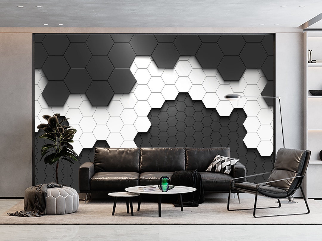 Luxury Black White & Gray Hexagons Wallpaper Hi-tech Wall Mural Print ...
