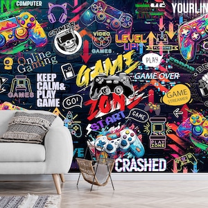 Games Neon Wallpaper Wall Mural Video Gamer Playroom Wallpaper Teen ...