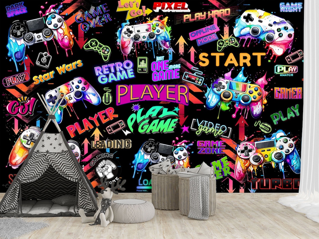 Games Room Decor Wallpaper Wall Mural Video Gamer Playroom Teen Kids ...