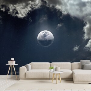 Dark Moon Wallpaper & Wall Mural Cloudy Moon Decor Landscape Dark Night ...