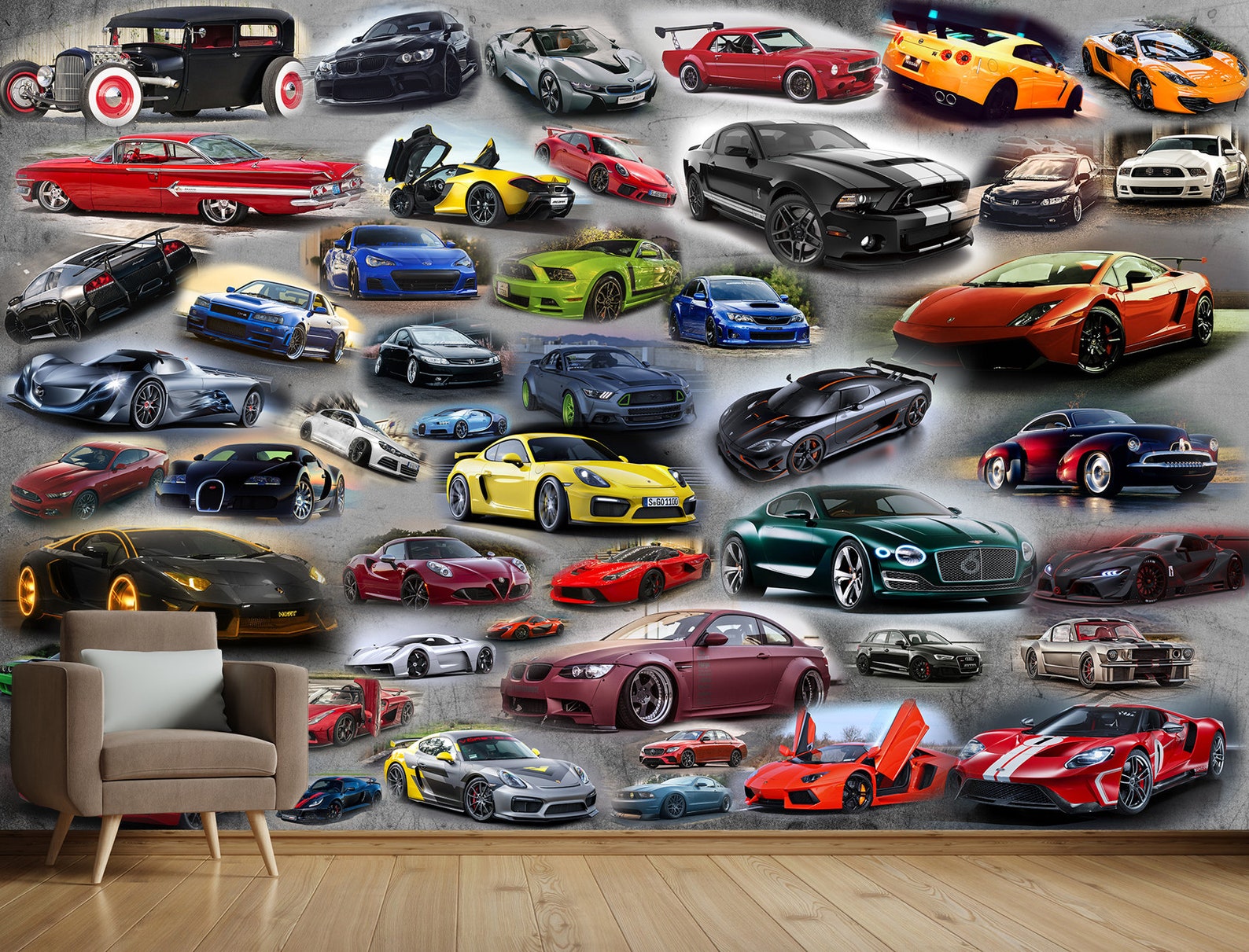 Mural Cars Collage Peel and Stick Wallpaper Sport & Cars Wall Art Super ...