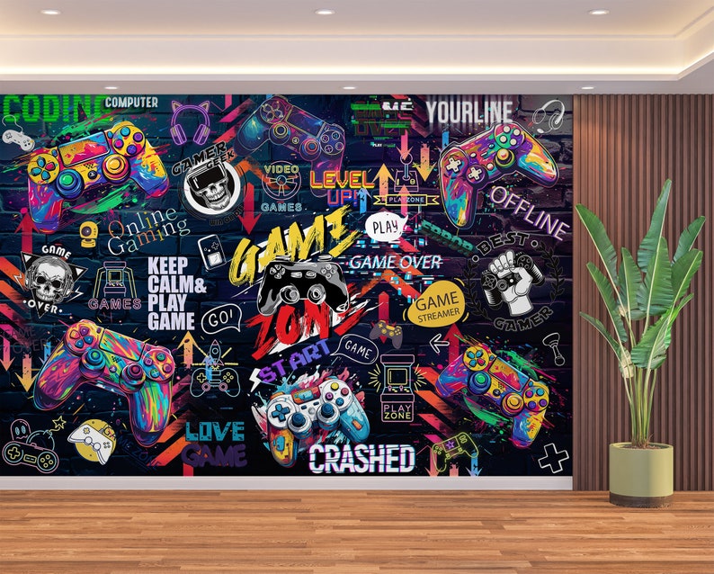 Games Neon Wallpaper Wall Mural Video Gamer Playroom Wallpaper Teen ...