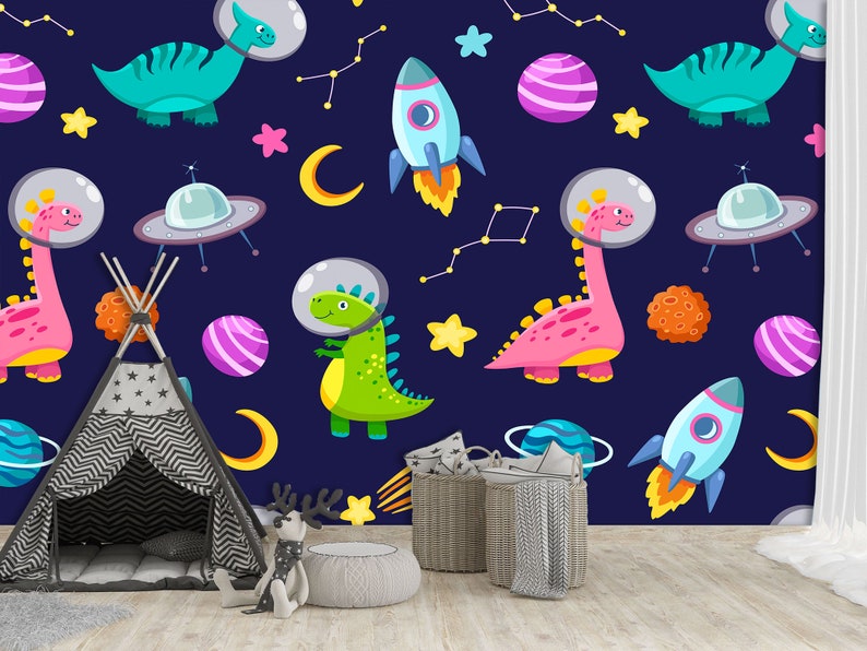 Space Dinosaurs Wallpaper Kids Planets & Rocket and UFO Wall Mural for ...