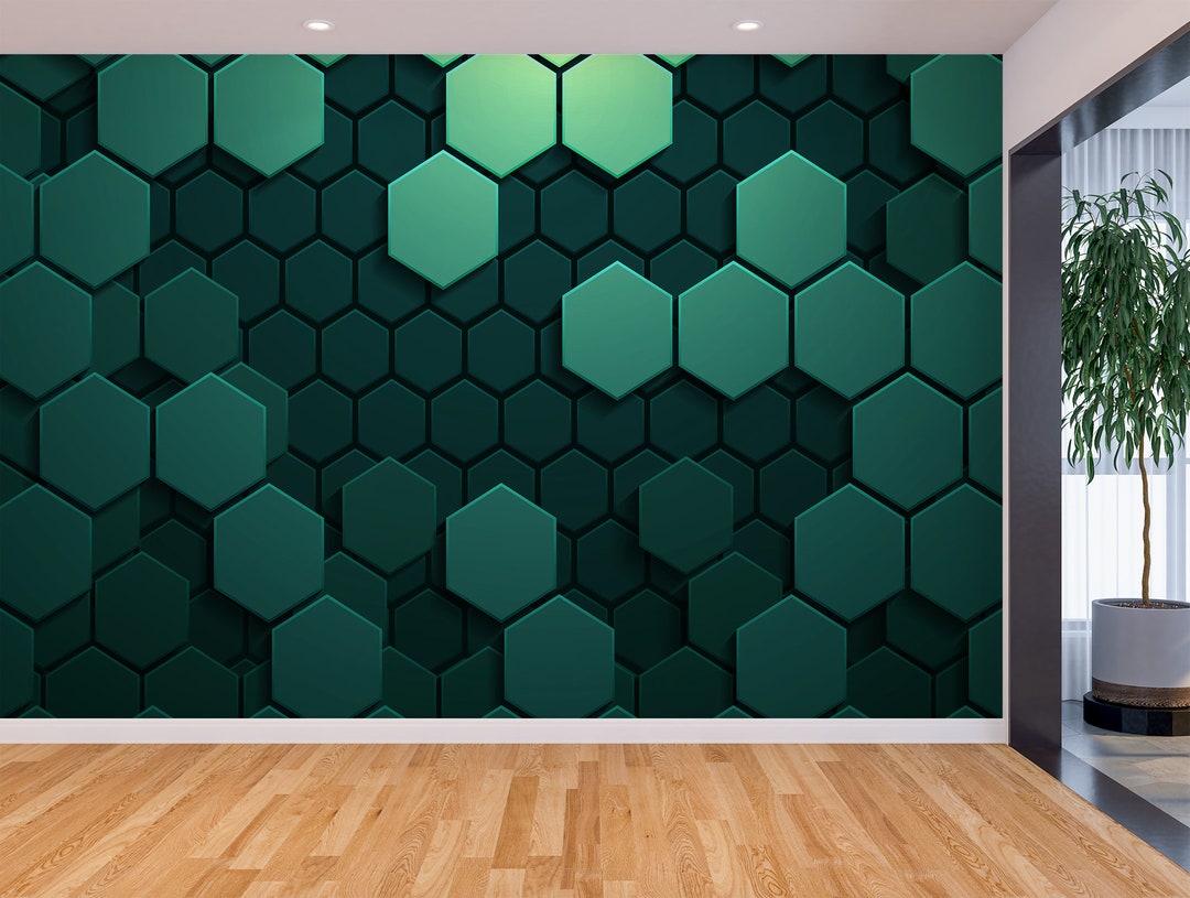 Green Hexagons Wallpaper & Hi-tech Wall Mural Print Geometric Peel and ...