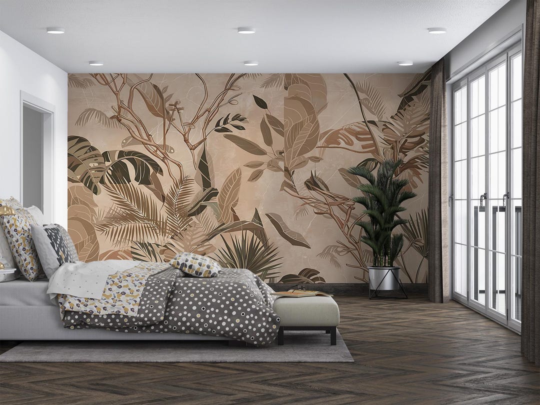Jungle Vitrage Wall Mural Beidge Forest Wallpaper Print Vintage Peel ...