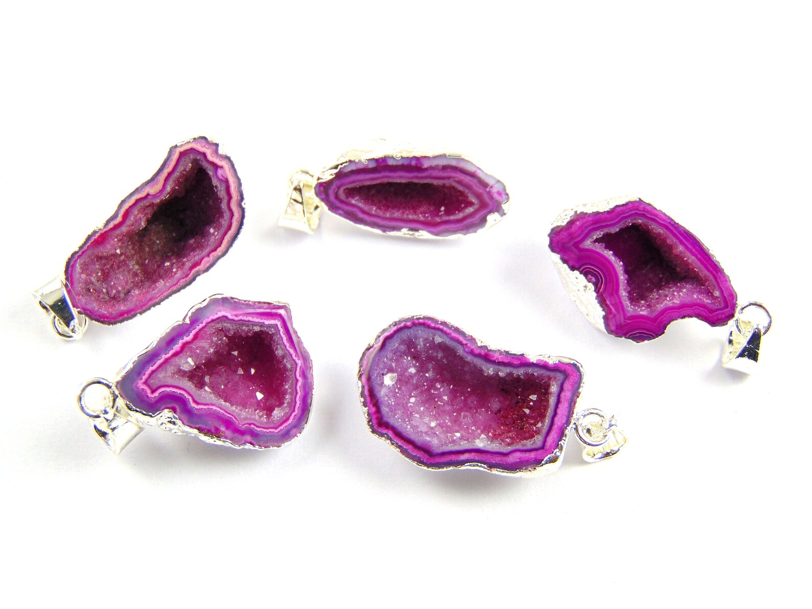 5 Pcs Lot Natural Fuchsia Pink Cave Geode Druzy Agate Loop Pendant ...