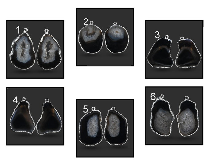 Rare Black Geode Slice Silver Plated Earrings Connectors, DIY Earring ...