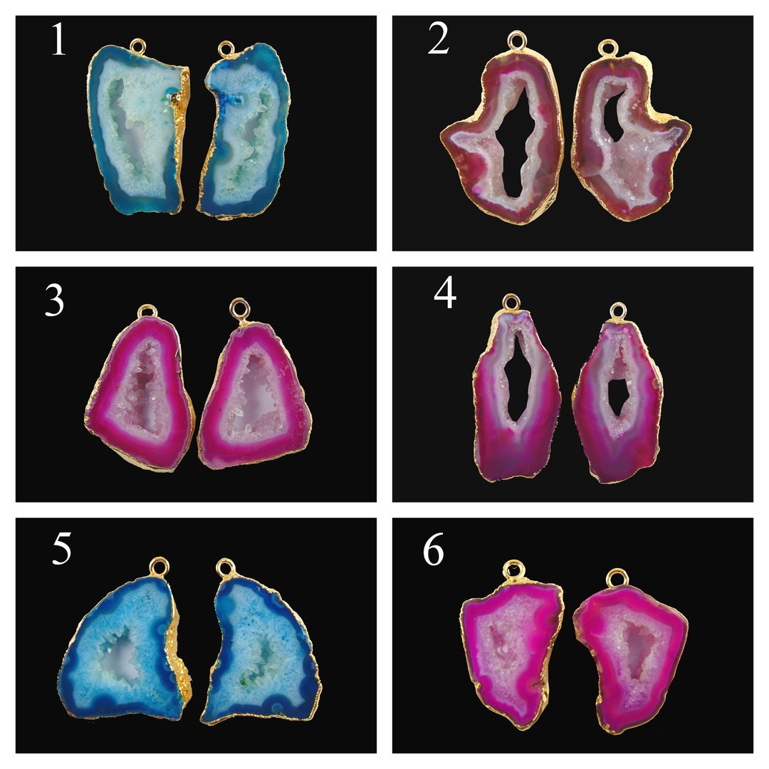 Real Aqua Pink Geode Slice 24K Gold Plated Earrings Pairs Connectors ...