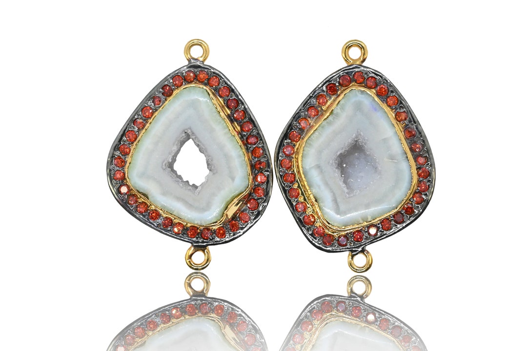 Red Garnet Diamond Geode Pave Diamond Druzy Earrings, White Slice 24k ...