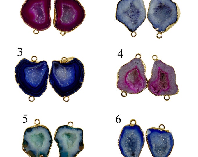 Rare Pink Green Cave Geode Agate Druzy Gold Electroplated Connectors Pairs for Making Earrings ...