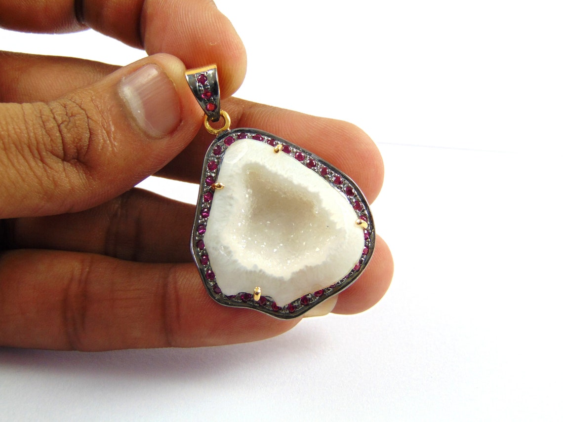 Gold Plated PendantPave Diamond PendantGeode White Druzy | Etsy