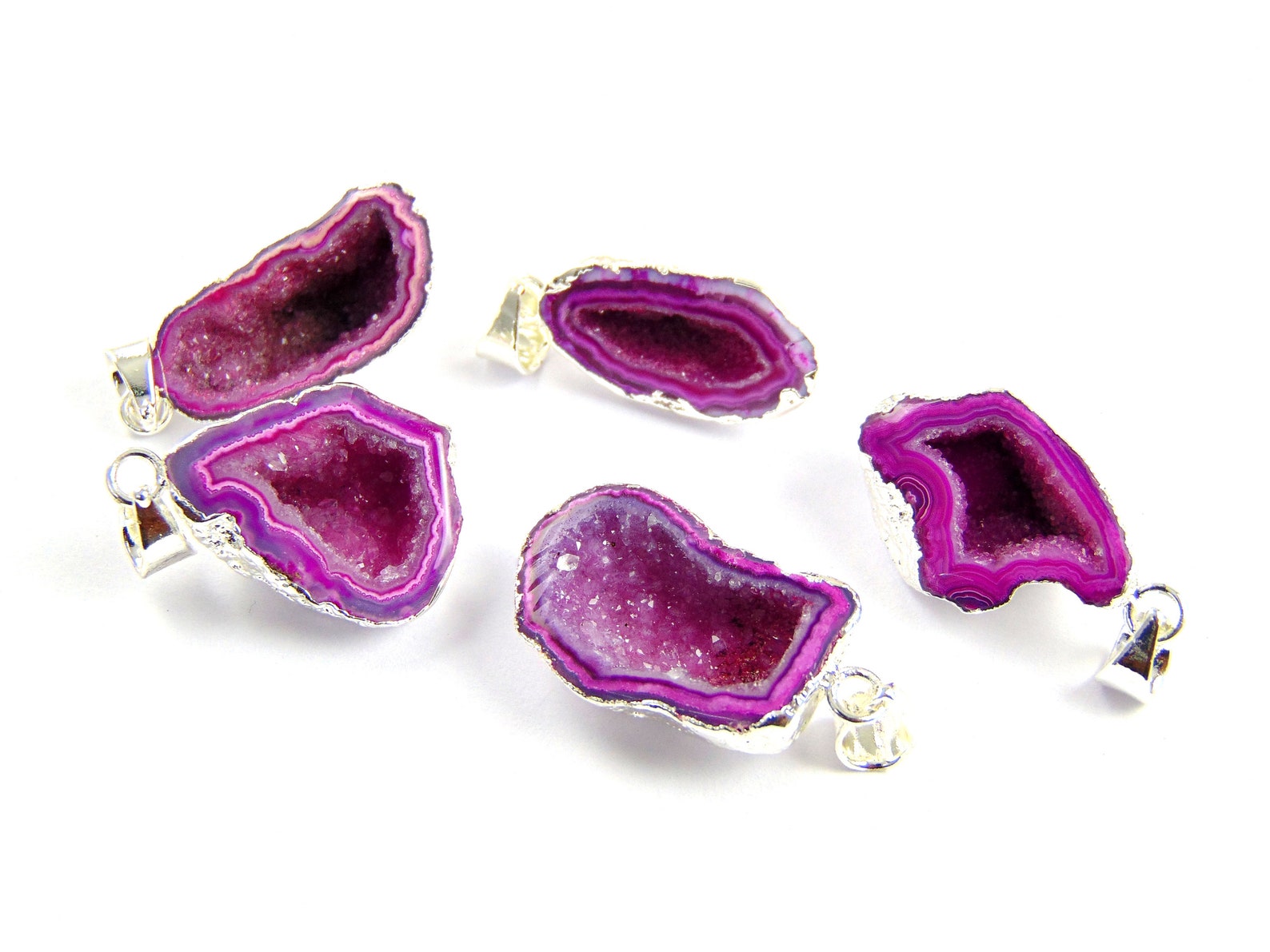 5 Pcs Lot Natural Fuchsia Pink Cave Geode Druzy Agate Loop Pendant ...