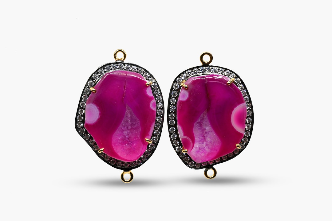 New Pink Geode Pave Diamond Druzy Earrings, White Cubic Diamond ...