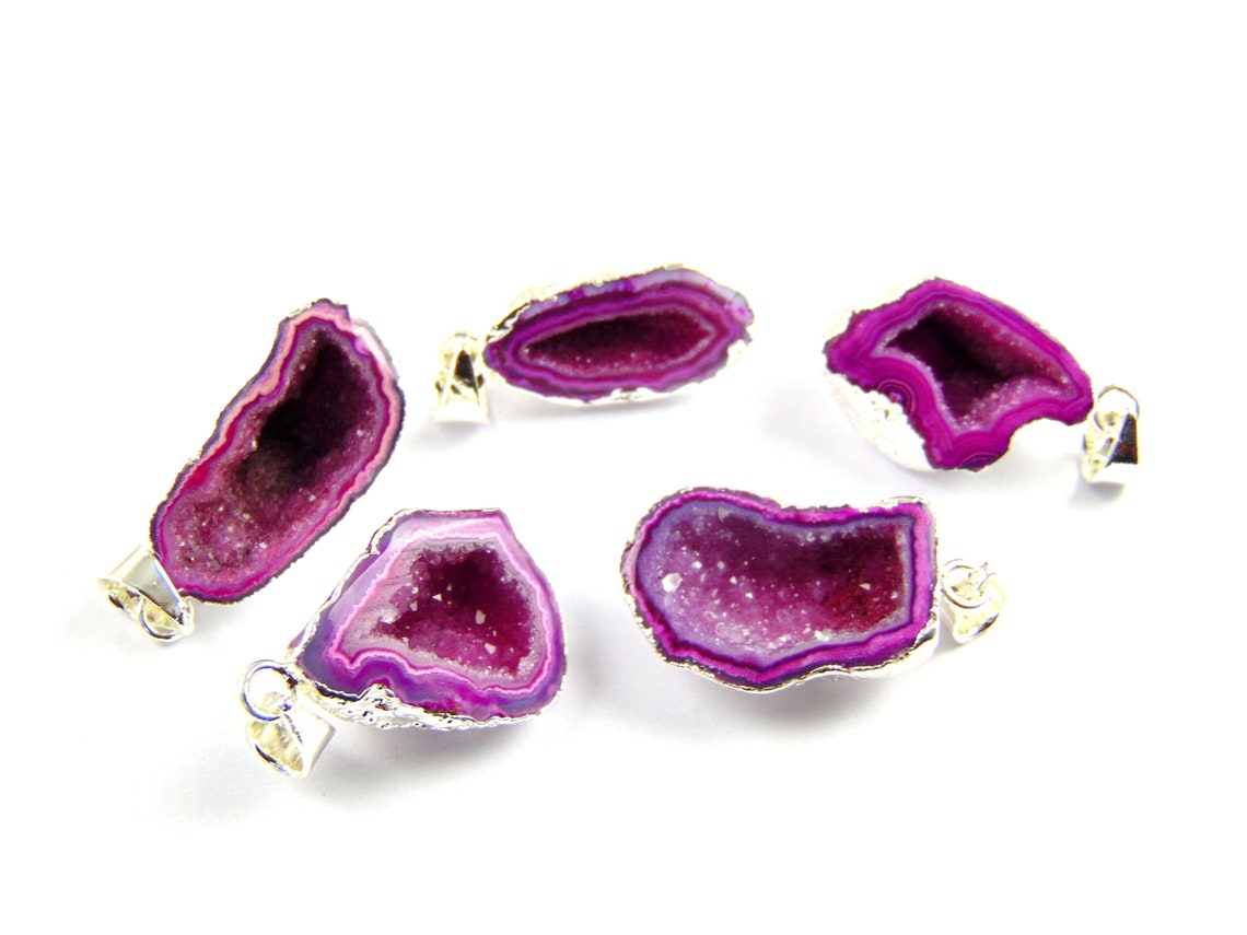 5 Pcs Lot Natural Fuchsia Pink Cave Geode Druzy Agate Loop Pendant ...