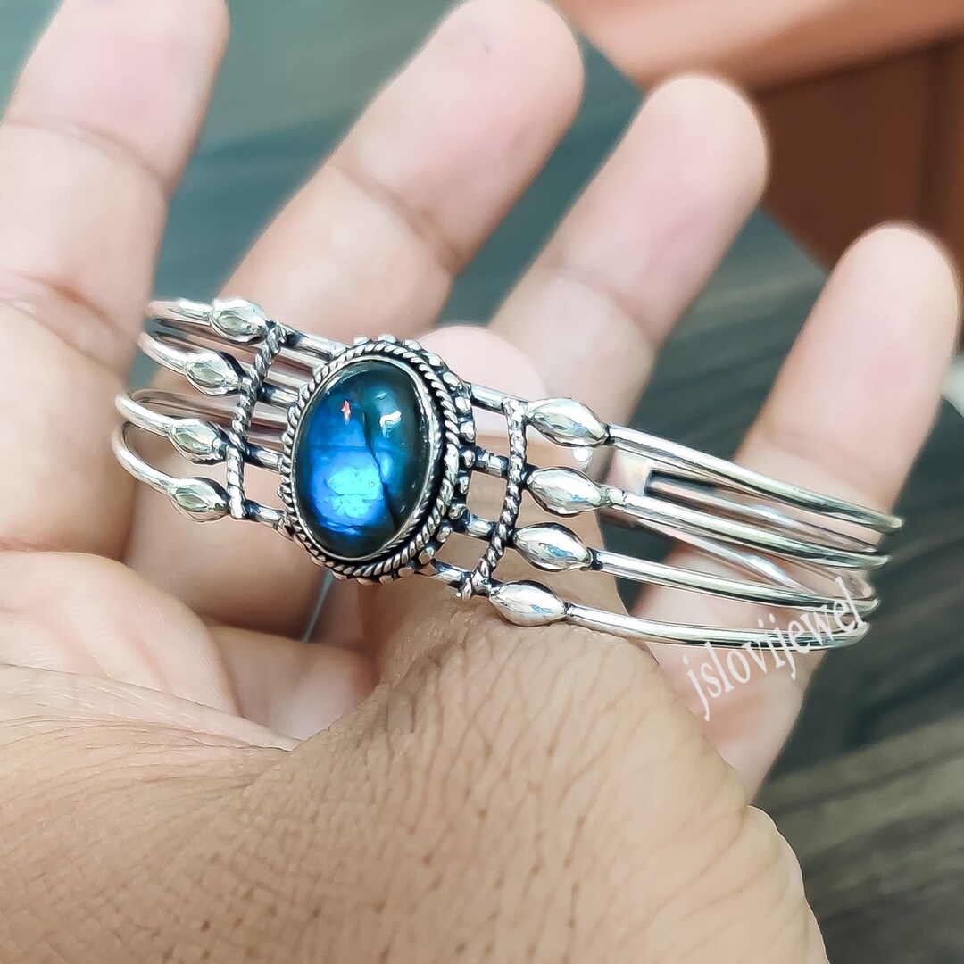 Labradorite Cuff Bangle: Sterling Silver Blue Fire Gemstone Bracelet - Etsy
