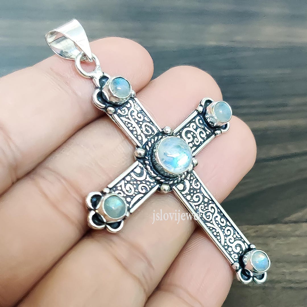 Natural Moonstone Necklace Cross/ Multi Stone 925 Sterling Silver Cross ...