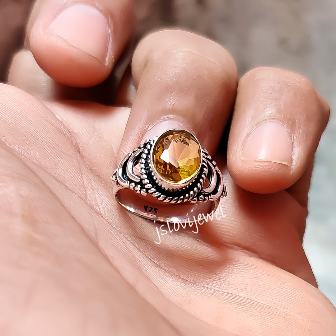 Citrine Silver Ring, Citrine Rings for Women, Natural Citrine Ring, Oval Emerald Cut Gemstone ...