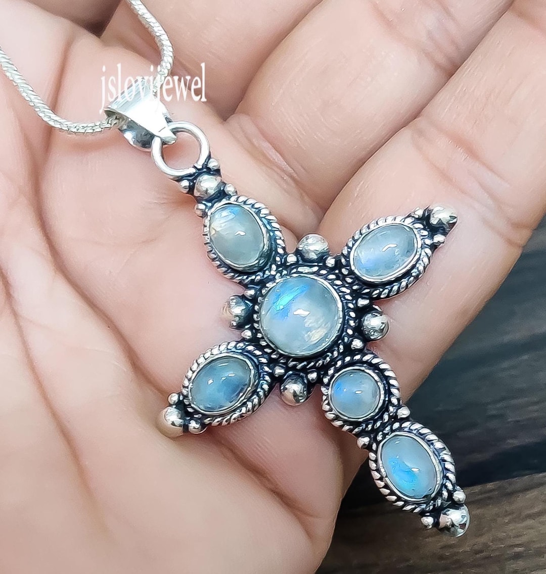 Sterling Silver Moonstone Cross Necklace/ Multi Stone Jesus Pendant ...