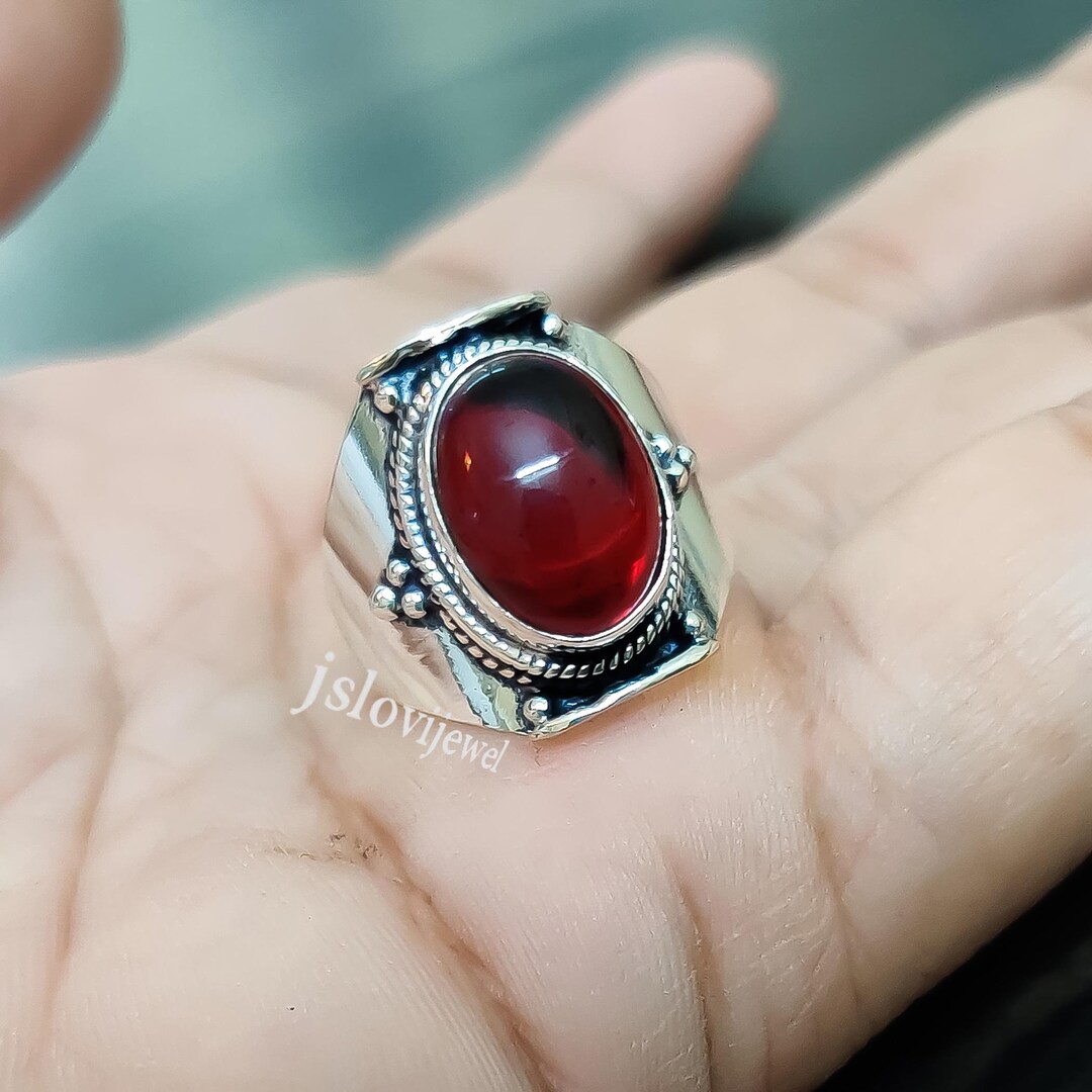 Garnet Ring for Men: Oval Deep Red Stone, Sterling Silver Unisex ...