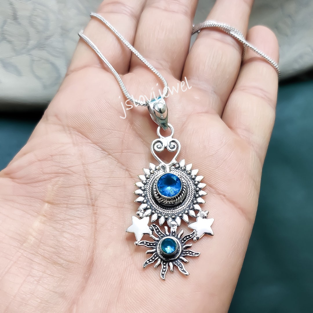 Genuine Blue Topaz Pendant/ Sky Color Stone Pendant/ Handmade Sun ...