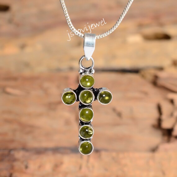 Peridot Silver Cross Pendant Multi Stone Pendant 925 - Etsy