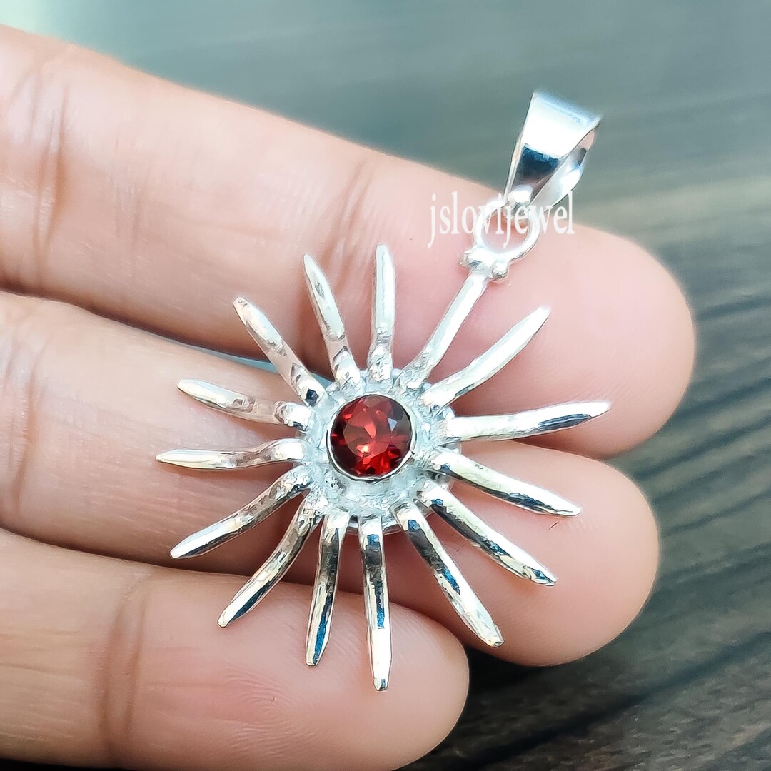 Garnet Sun Pendant Necklace: Deep Red Stone, 925 Sterling Silver - Etsy