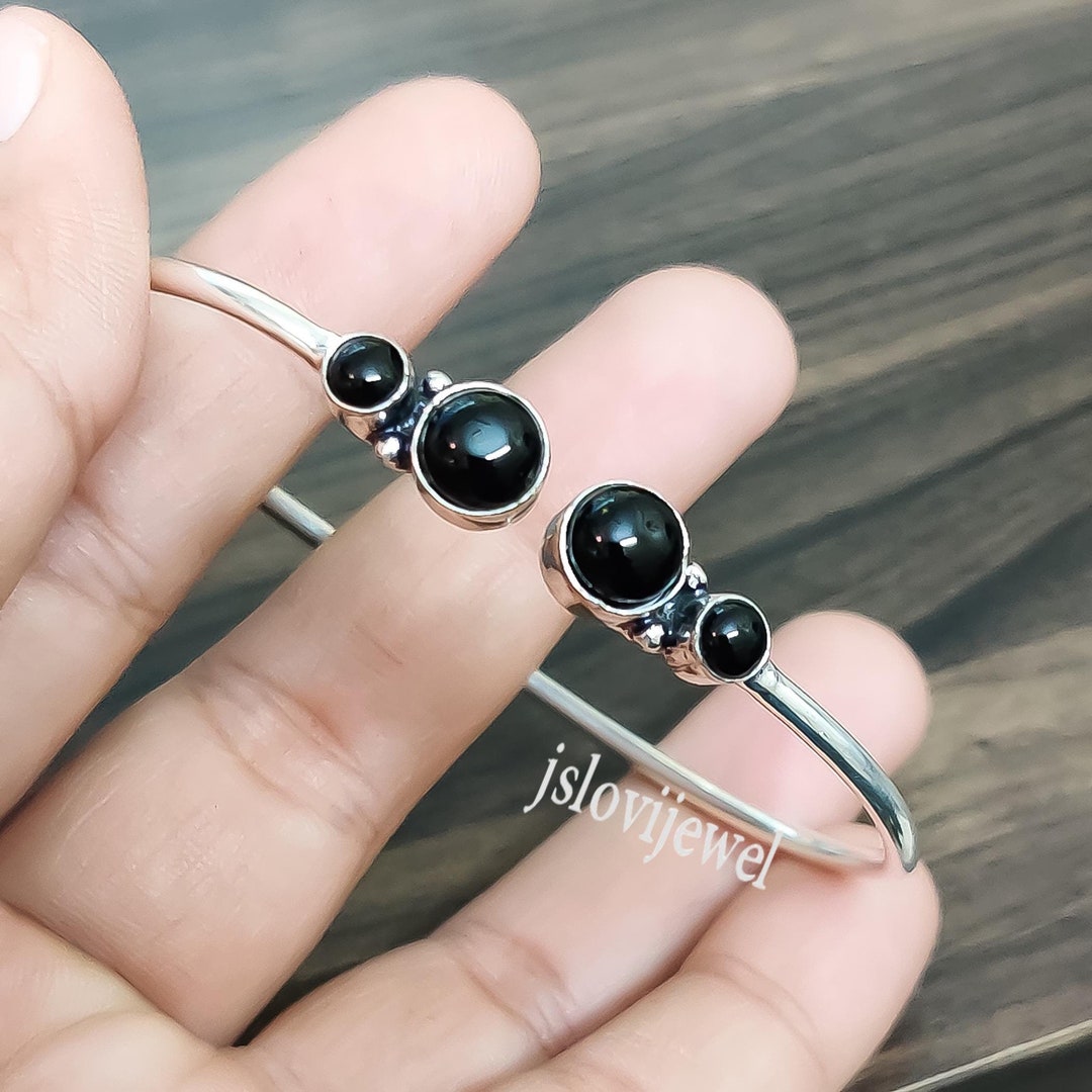 Black Onyx Cuff Bracelet/ Round Black Stone Bangle/ Onyx 925 Sterling Silver Adjustable Cuff ...