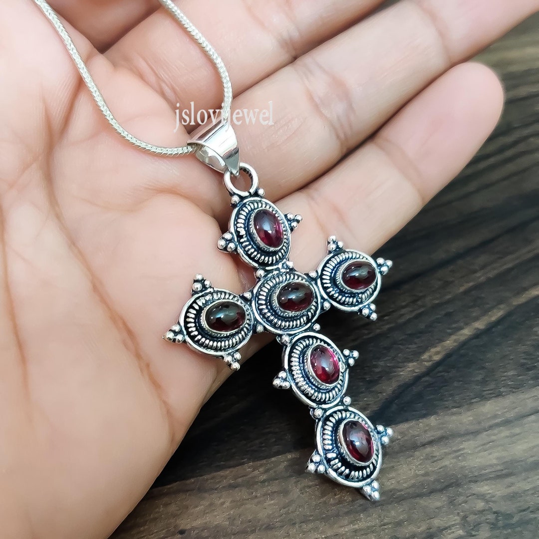 Garnet Cross Necklace Pendant/ Large Cross Necklaces Men/ 925 Sterling ...
