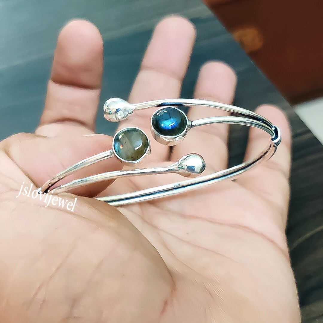 Labradorite Cuff Bracelet: Round Blue Fire Gemstone, 925 Sterling ...