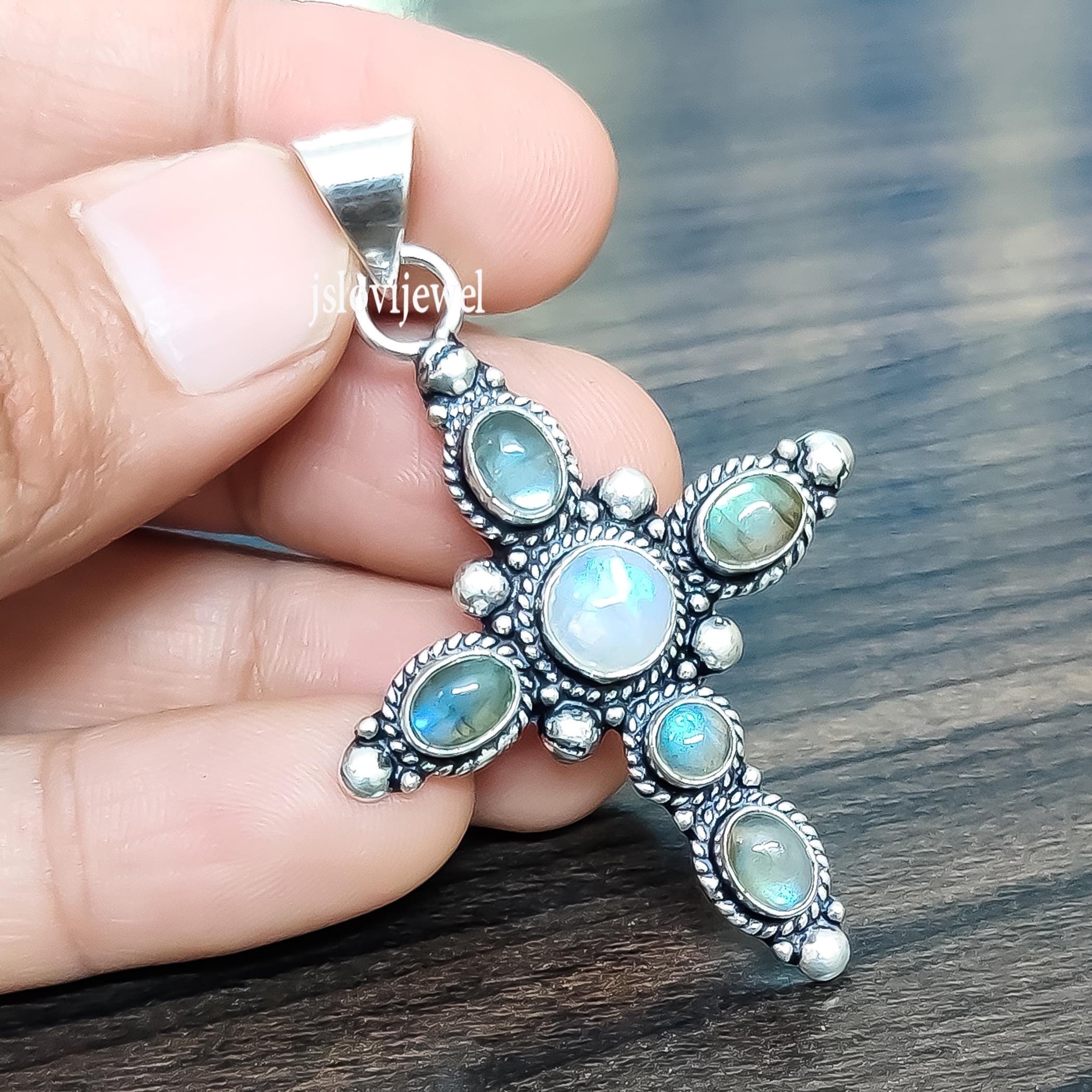 Labradorite Moonstone Cross Pendant: Sterling Silver Jesus Necklace - Etsy