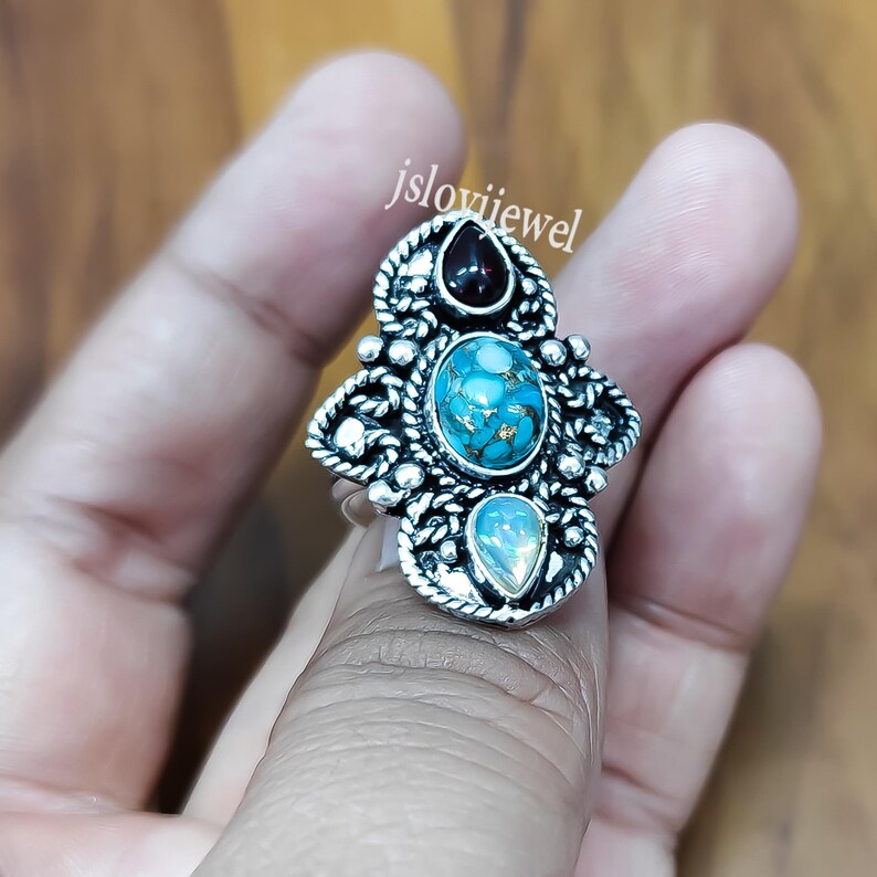 Blue Copper Turquoise, Garnet, Opal Sterling Silver Handmade Rings - Etsy