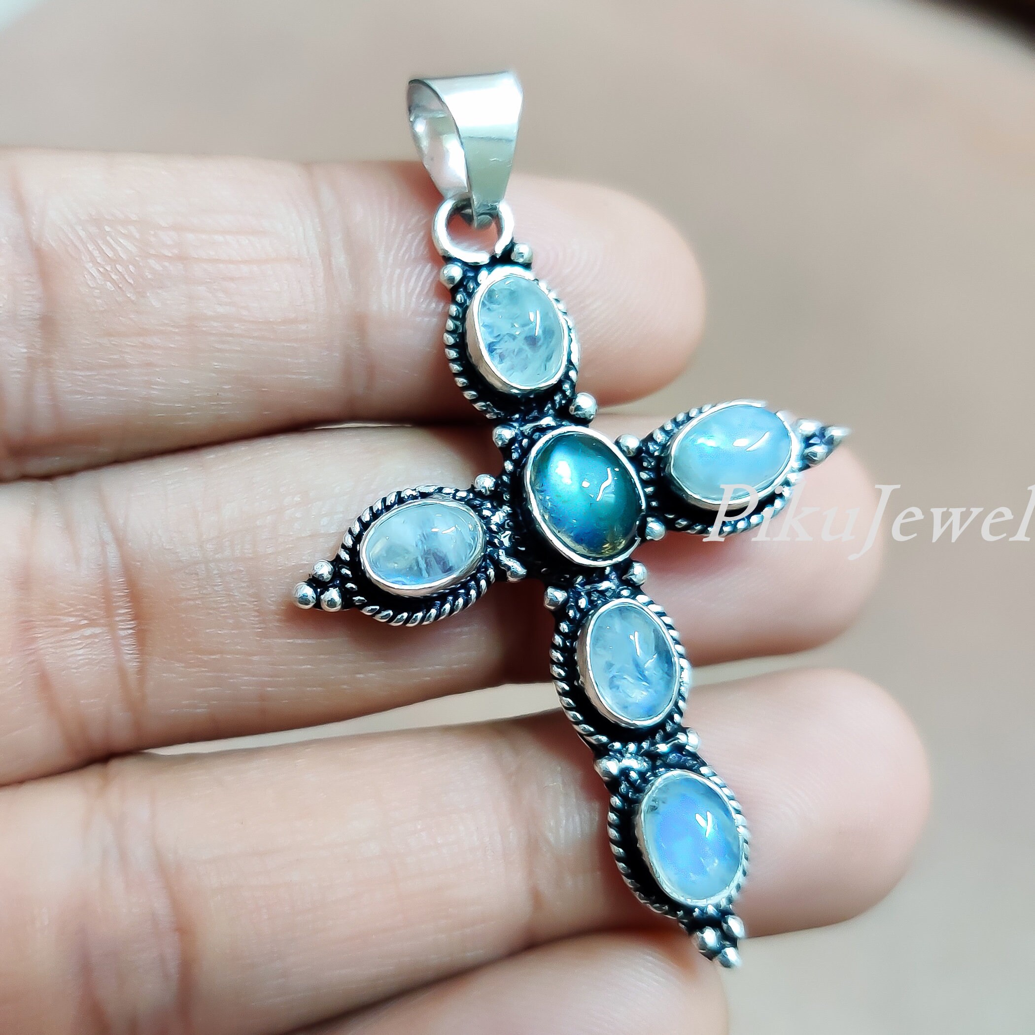 Moonstone Cross Necklace, Blue Fire Gemstone Pendant, Best Gift Idea ...