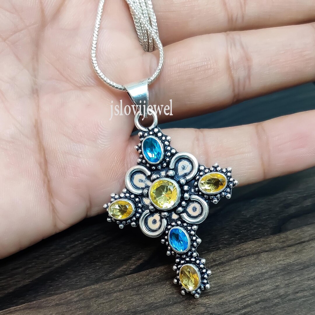 Citrine & Blue Topaz Sterling Silver Cross Pendant - Etsy