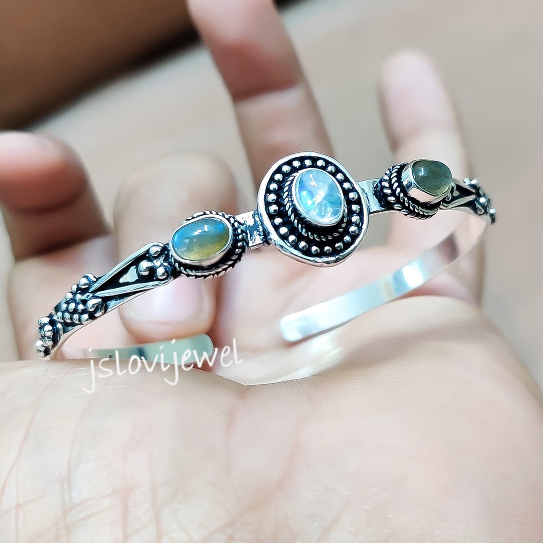 Moonstone Labradorite Bangle, 925 Sterling Silver Bangle, Handmade Bracelet, Adjustable Bangle ...