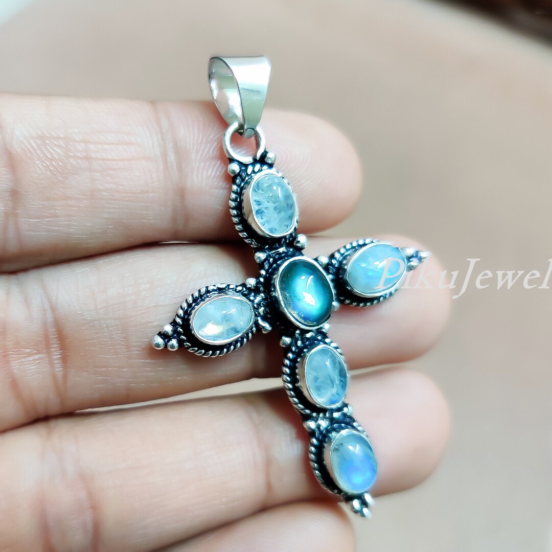 Moonstone Cross Necklace, Blue Fire Gemstone Pendant, Best Gift Idea ...
