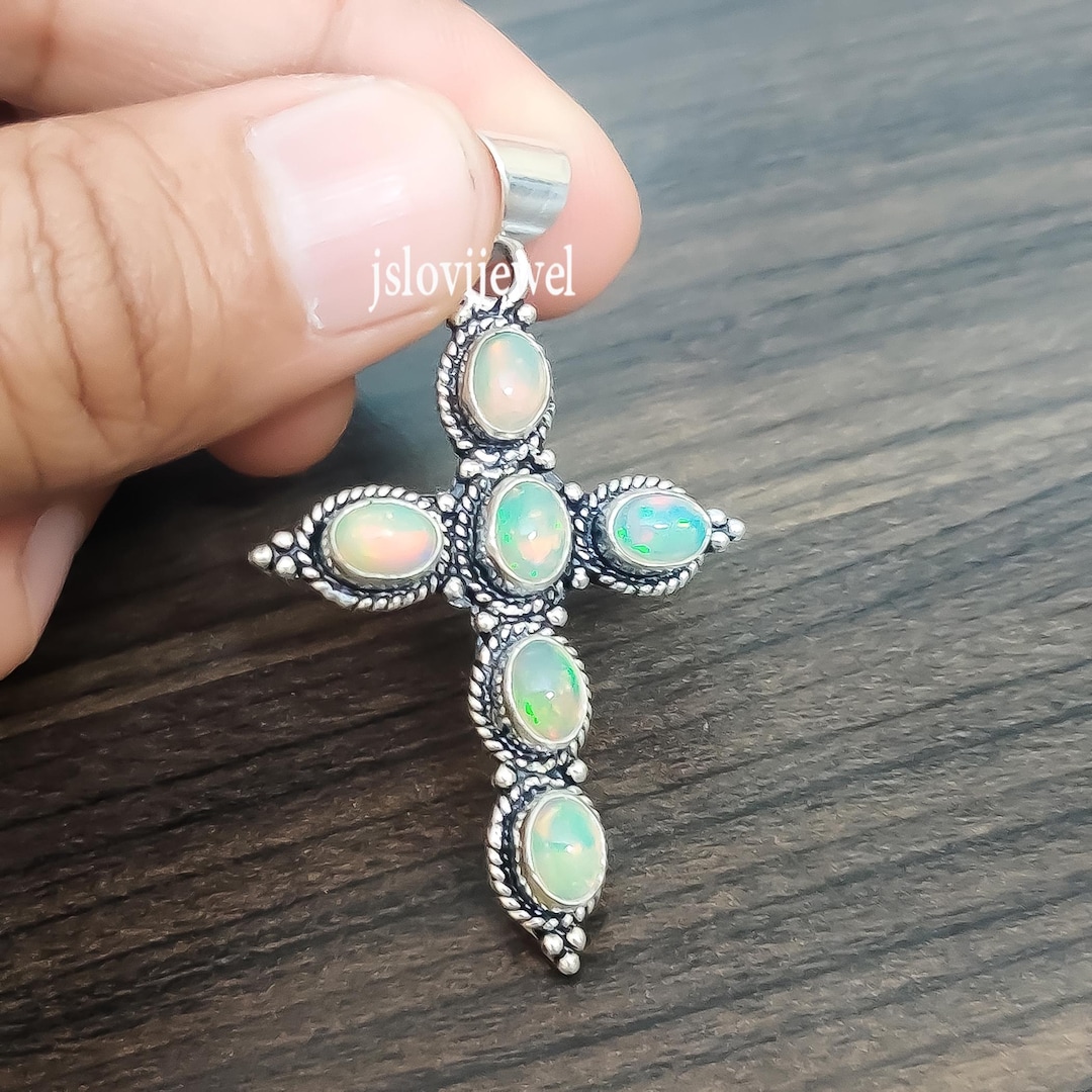 Opal Silver Cross Pendant/ Multi Opal Gemstone 925 Sterling Silver ...