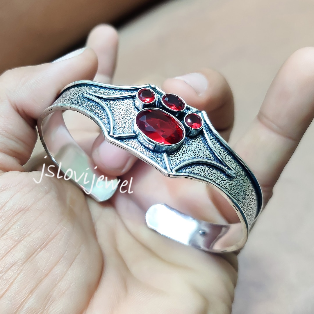Garnet Big Bangle Cuff, Open Adjustable Bangle, Faceted Garnet Handmade Barcelet, 925 Silver ...