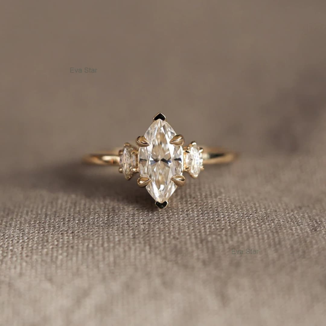 Three Stone Lab Grown Diamond Engagement Ring, 2 CT Marquise Cut E/VS2 ...
