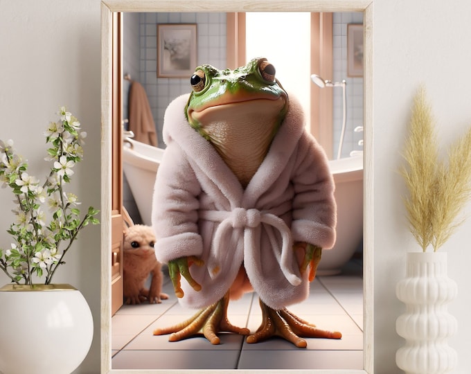 Frog Bathroom Print Poster Funny Toad Frog Towel Bathtub Wall Art ...