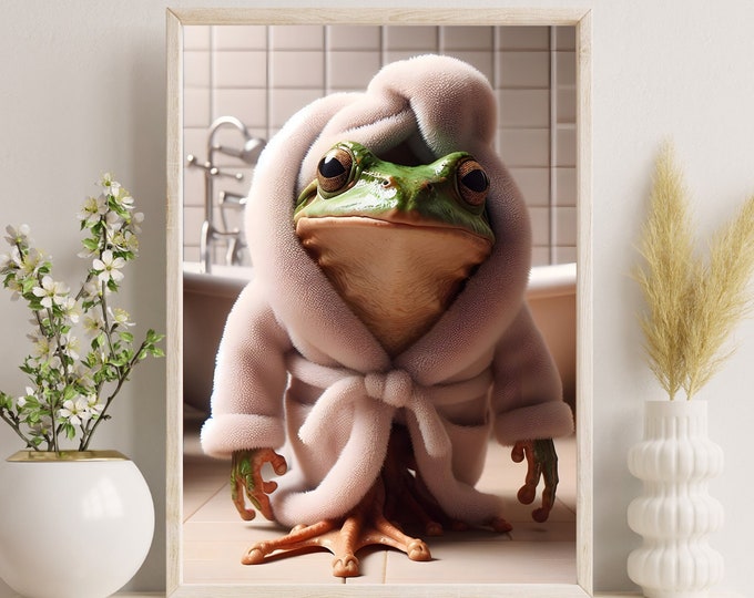 Frog Bathroom Print Poster Funny Toad Frog Towel Bathtub Wall Art ...