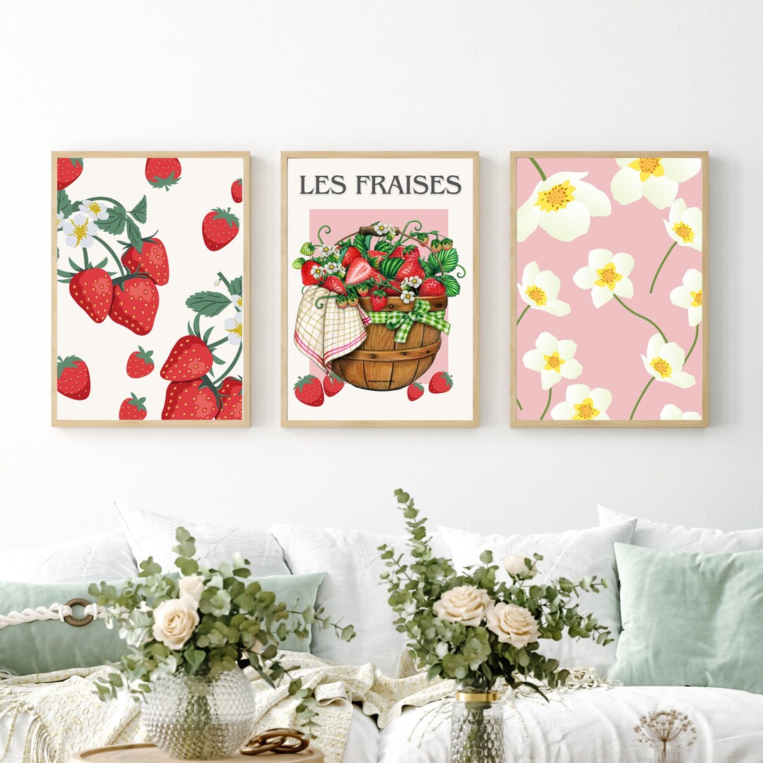 Set of 3 Strawberry Poster Room Decor, Kitchen Printable Wall Art ...
