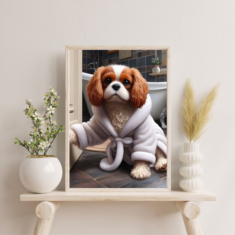 Cavalier King Charles Art Print: Funny Dog in Bath Robe (digital ...