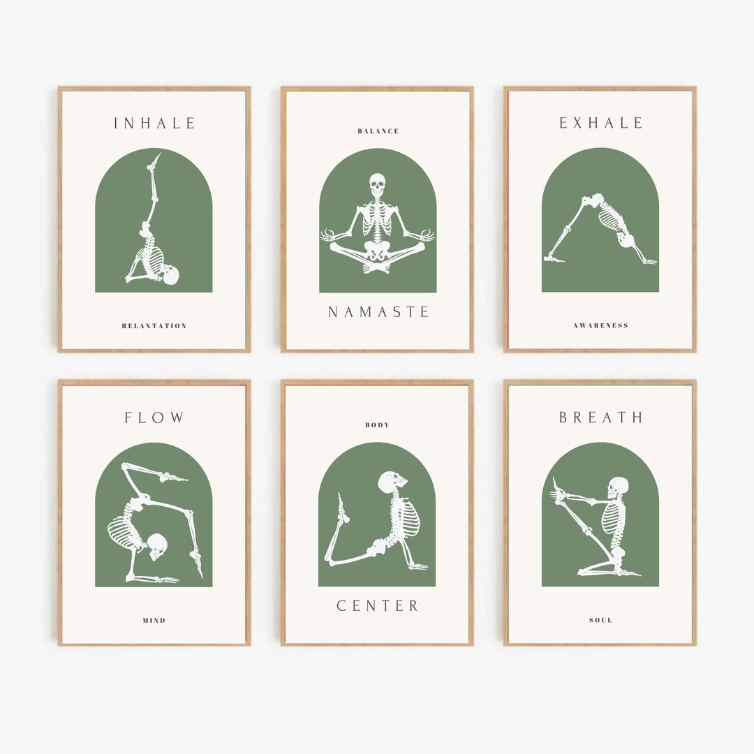 Skeleton Yoga Wall Decor, Skeleton Yoga Poster, Set of 6 Printable ...
